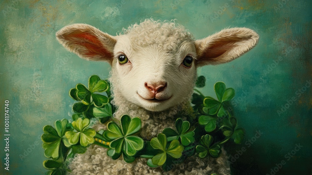 A sweet lamb dressed in an Irish dancing costume with shamrocks in the ...