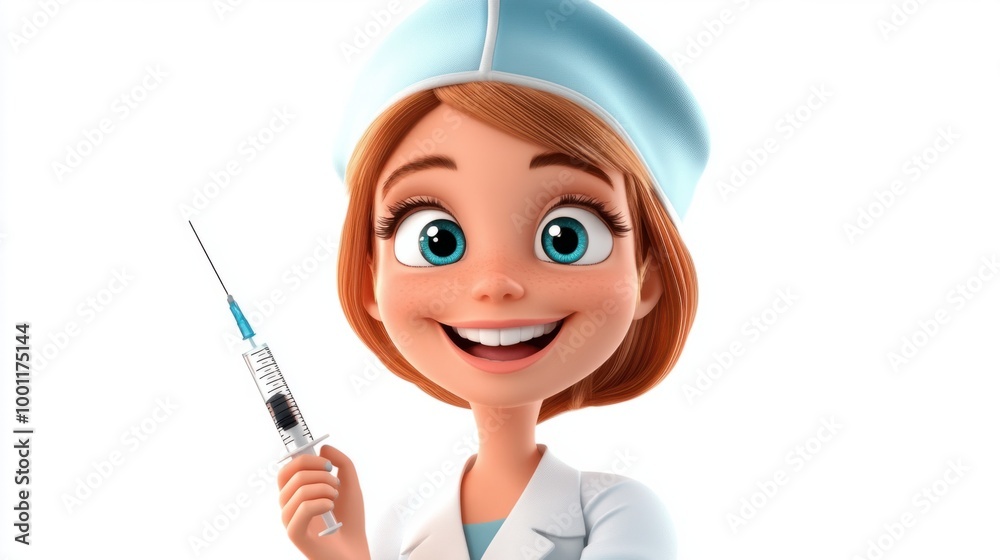 Cute nurse cartoon character wearing a nurse cap, holding a syringe ...