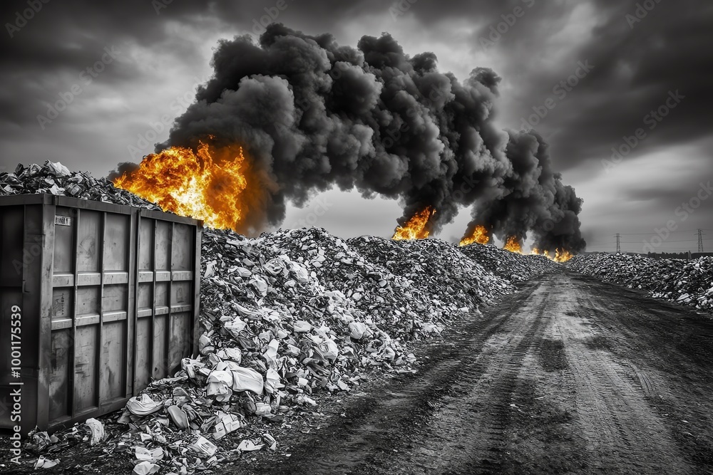 Monochrome image of landfill with fires emitting thick black smoke ...