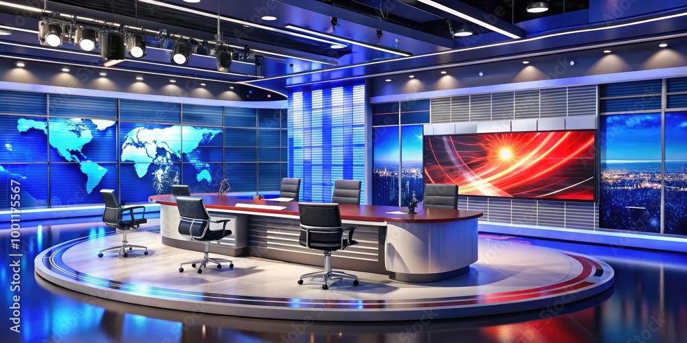 A sleek, modern news studio with a large screen displaying a breaking ...