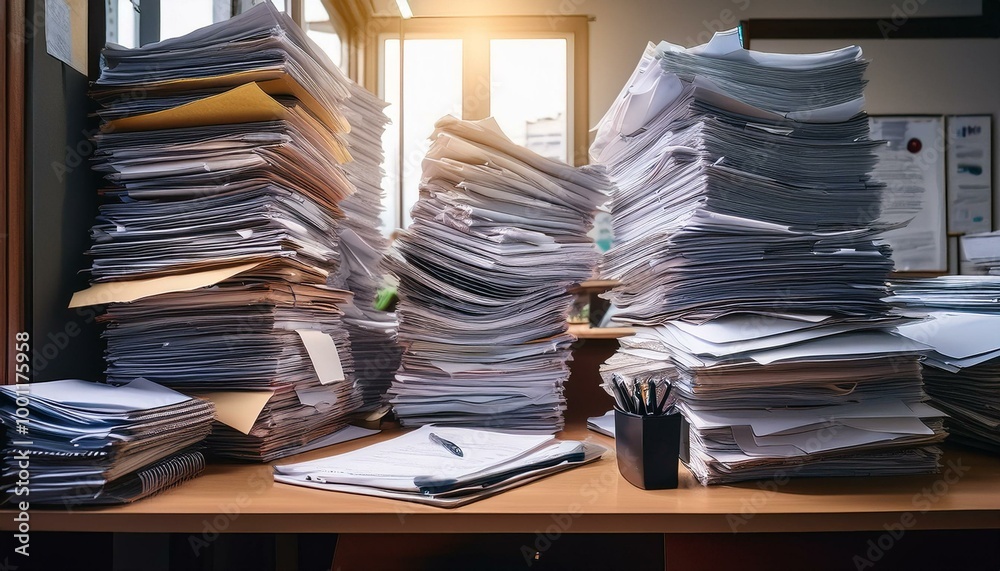 A cluttered desk overwhelmed by a towering stack of paperwork ...