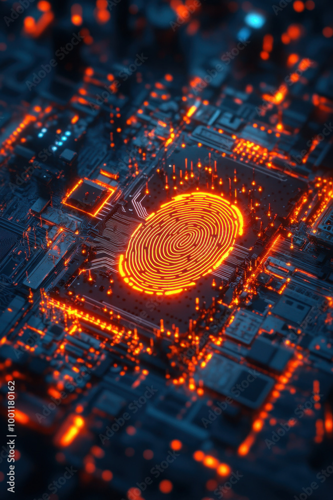 Digital fingerprint, An illuminated fingerprint icon floats in mid-air over a complex digital ...
