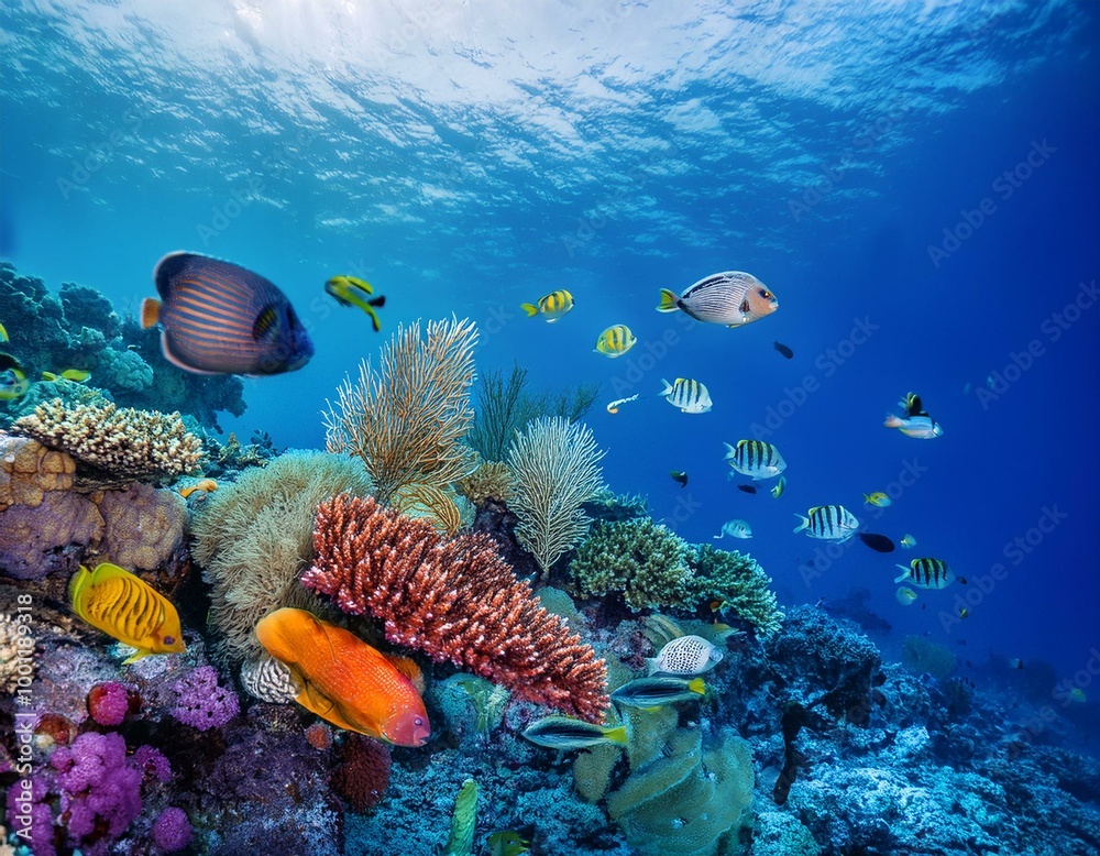 The vibrant world of tropical sea underwater fishes on a coral reef ...