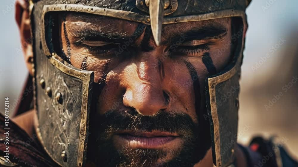 A fierce warrior glares with intense focus, his helmet and war paint ...