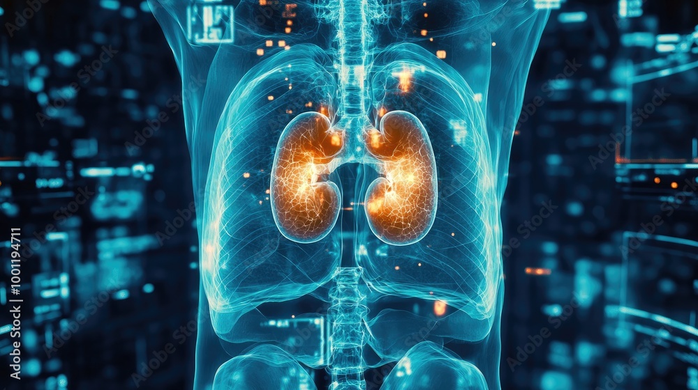 Advanced X-ray image of human internal organs, focusing on the liver ...