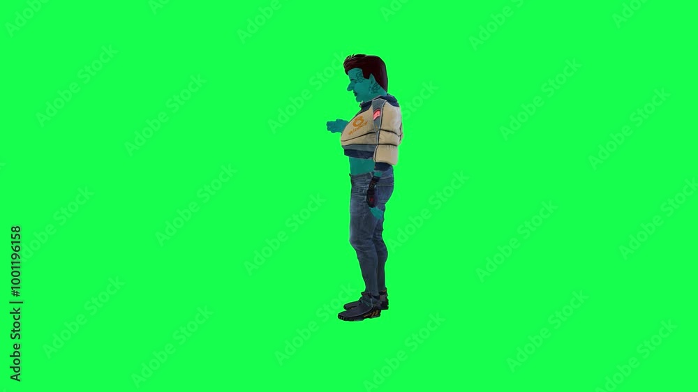 Blue animated man in blue and white dress doing break dance from right ...