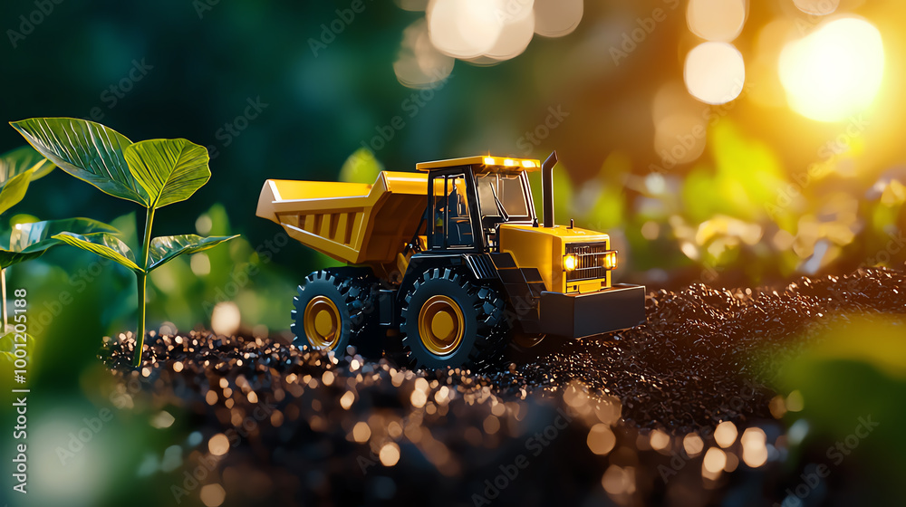 Top view of an isometric miniature construction site with heavy ...