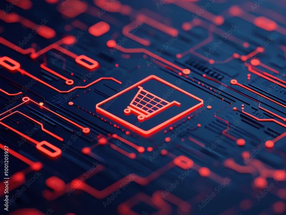 Digital shopping cart icon in red neon on a circuit board background ...