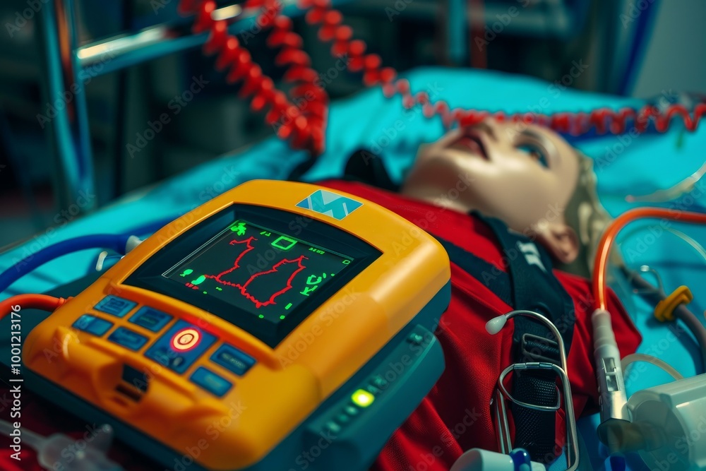 Defibrillator is showing an ekg while lying on a medical manikin during ...