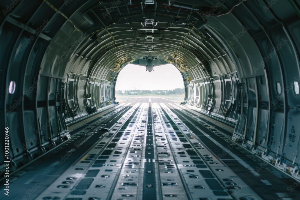 The inside of an empty cargo aircraft showing the detailed structure of ...