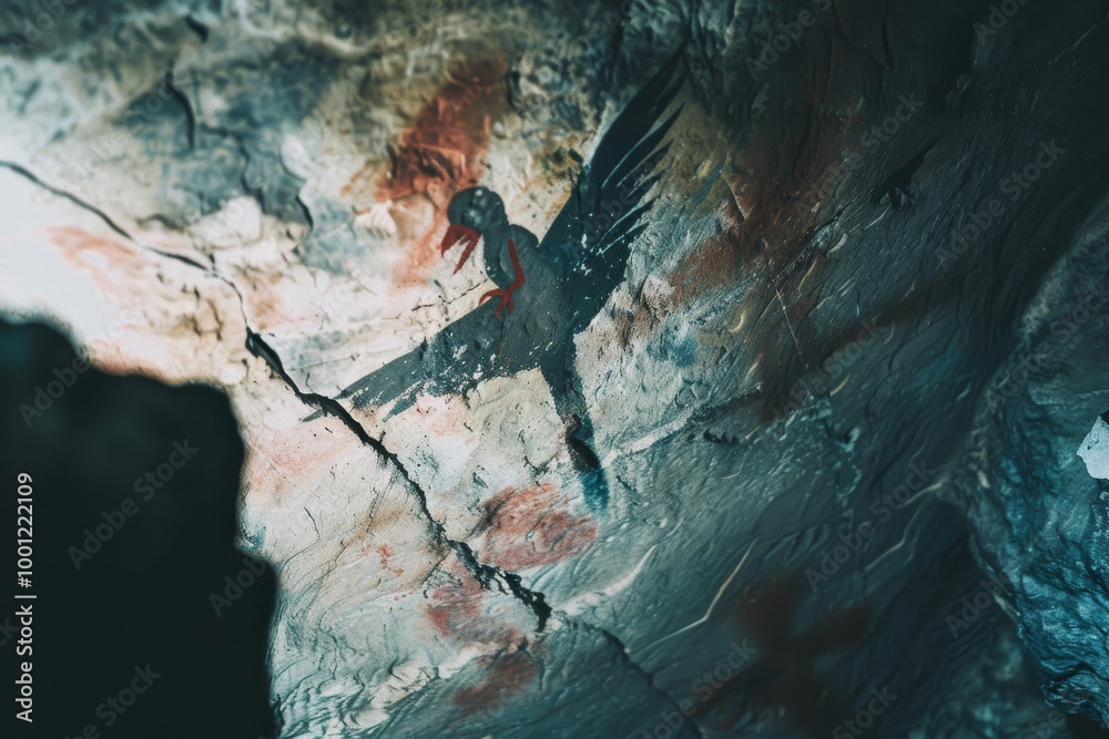 Artistic cave painting featuring vivid depiction of birds with red ...