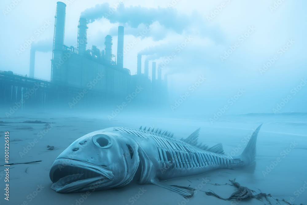 Environmental impact seen as a large fish skeleton lies on the beach ...