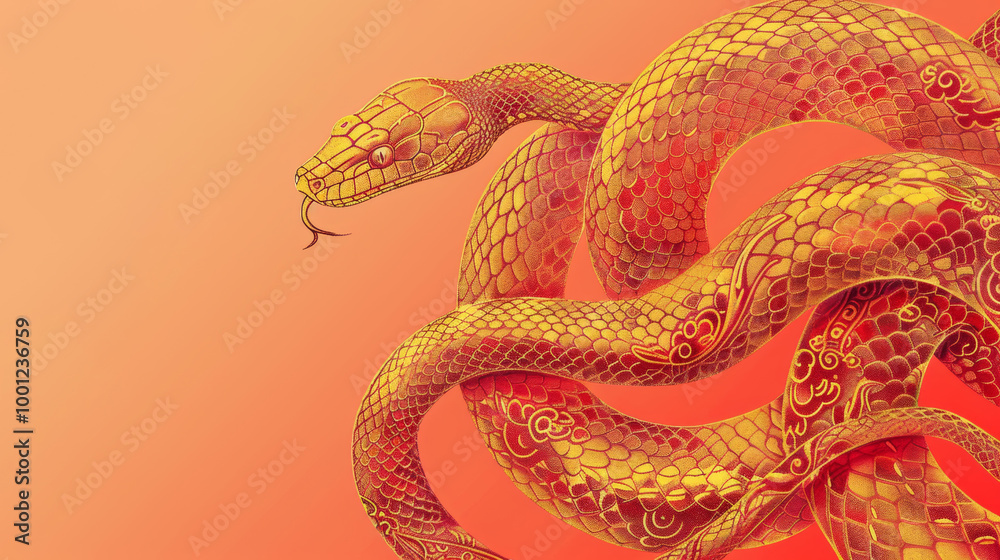 Vibrant illustration of golden snake against warm gradient background ...
