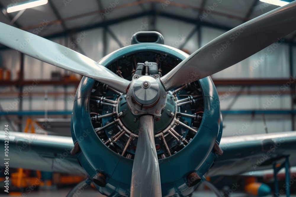 Powerful propeller engine of a blue airplane being restored inside an ...