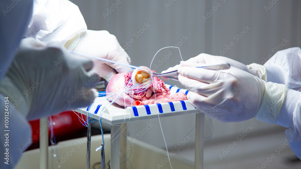 A team of surgeons are practicing artificial heart valve replacement ...
