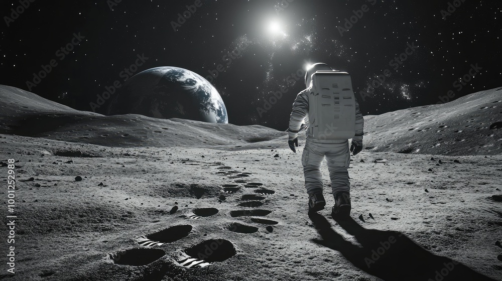 Astronaut standing on the Moon, Earth visible in the distance, with ...