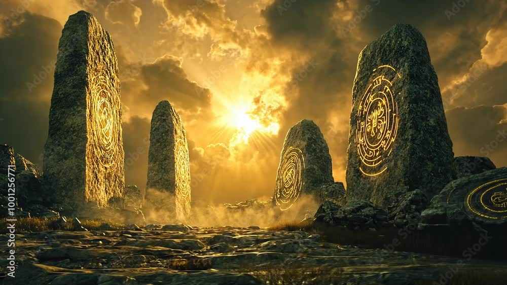 Ancient standing stones with glowing runes under a dramatic sunset sky ...