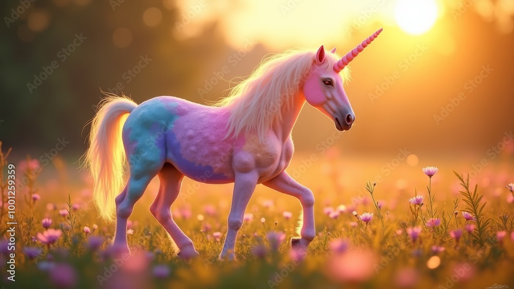 Generative AI, a unicorn is standing in a field of flowers with the sun ...