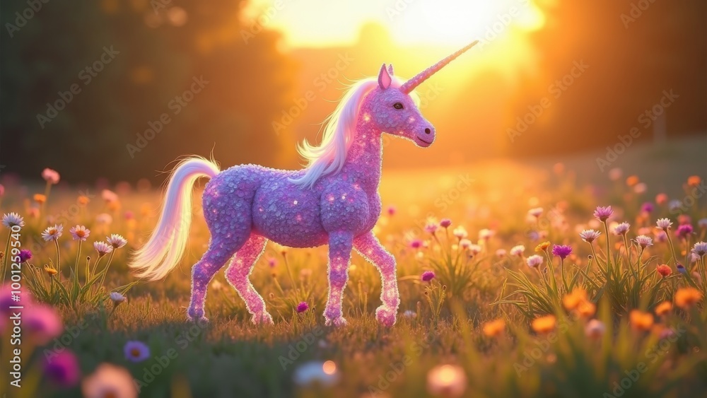 Generative AI, a unicorn is standing in a field of flowers with the sun ...