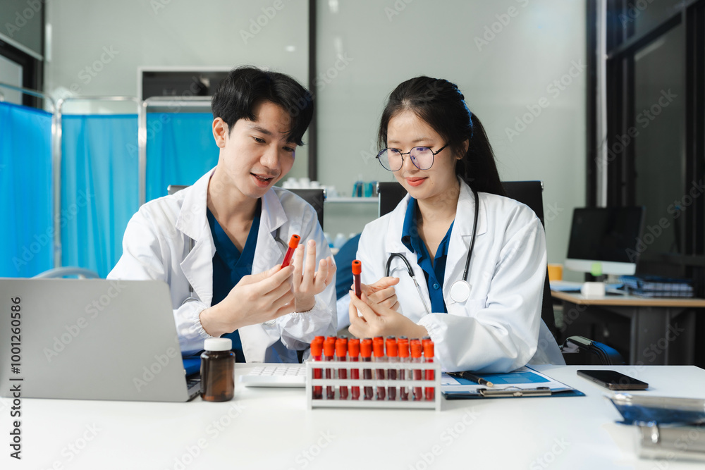 Doctor team, analysis the blood test examination results and medication ...