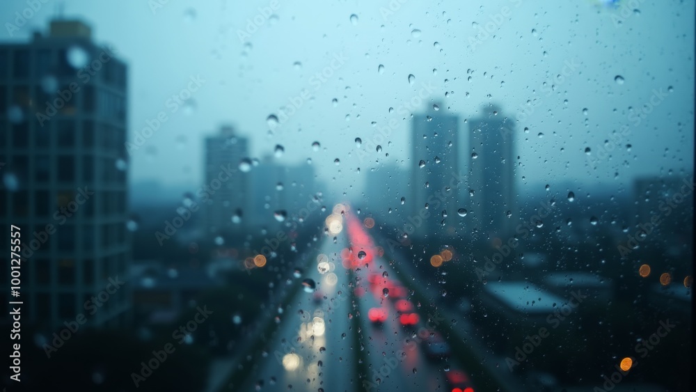Generative AI, a blurry photo of a city street through a rain covered window with a red light in ...