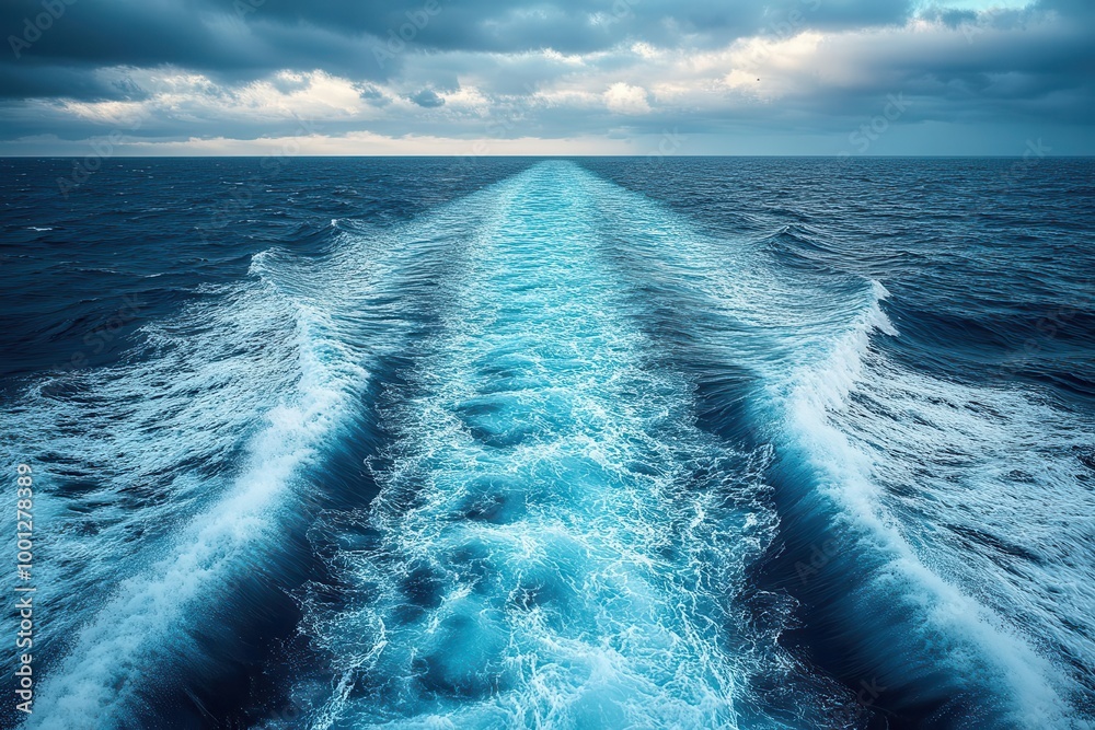 trace of waves left in the ocean as a boat speeds by splashes of water ...