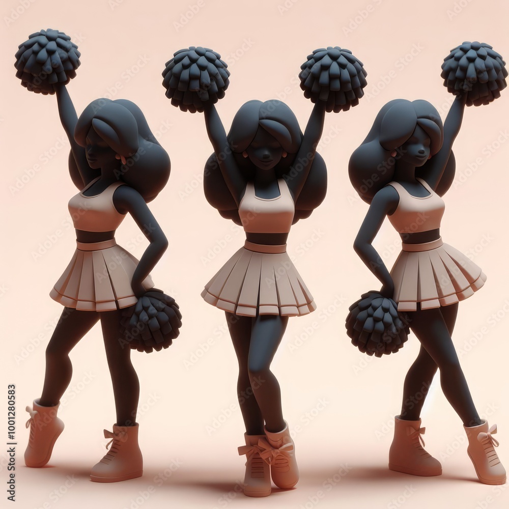 Three cartoon cheerleaders in dynamic pose. 3D minimalist cute ...