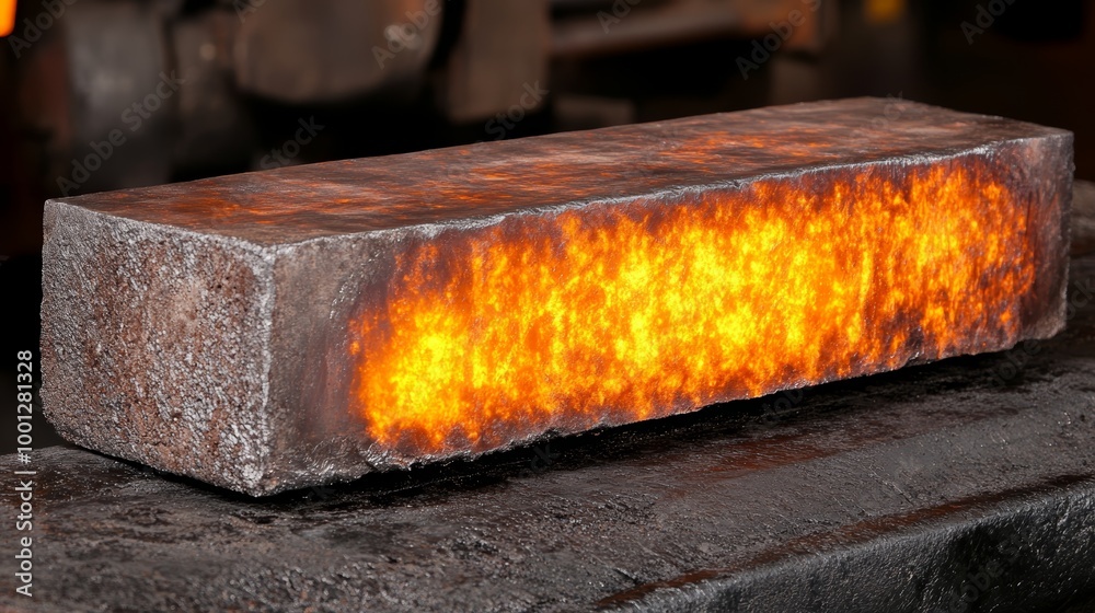 A glowing, red-hot metal bar sits on a cold steel surface, radiating ...