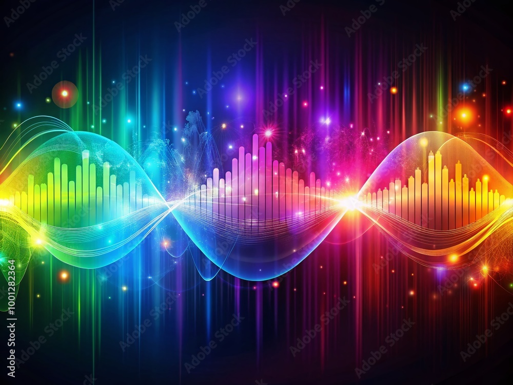 Vibrant colors and swirling patterns fill a futuristic audio waveform ...