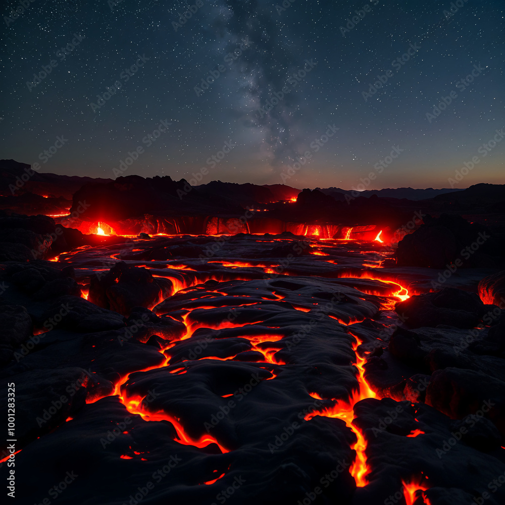 Flowing molten lava under starry night sky with Milky Way visible above ...