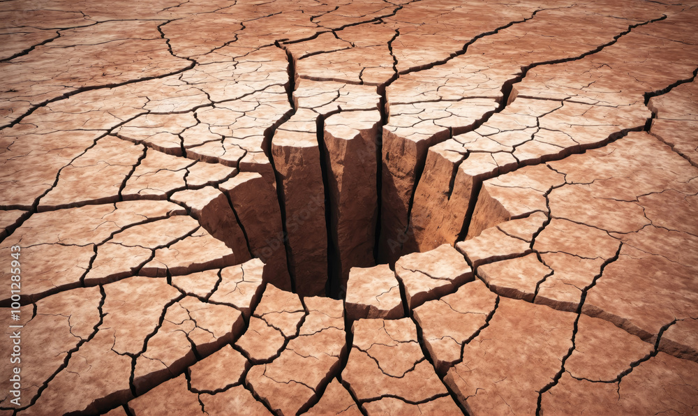 Dry, cracked earth with a deep fissure in the middle of a desert ...