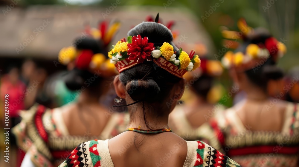 Rear view of young women wearing traditional Filipino costumes with ...