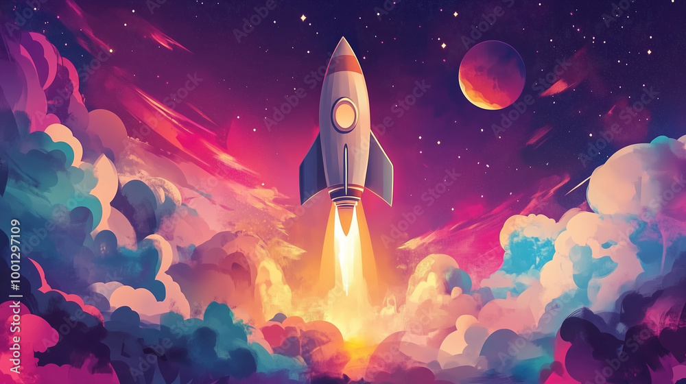 Cartoon rocket go fly up launch. Space galaxy adventure travel ...