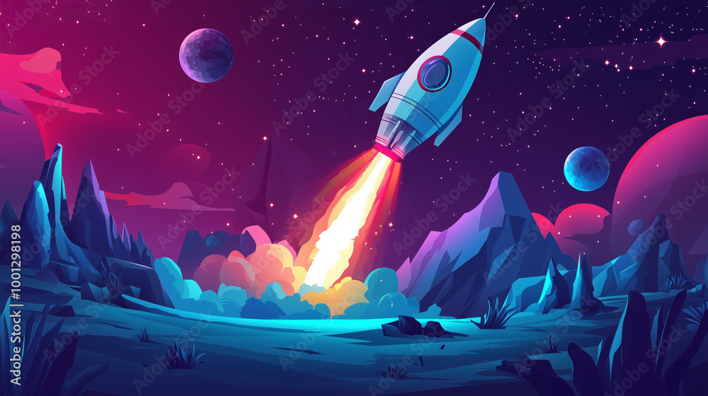 Cartoon rocket go fly up launch. Space galaxy adventure travel ...