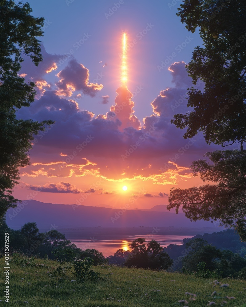 Stunning Sunset with Unique Sun Pillar Effect Lighting up a Serene ...