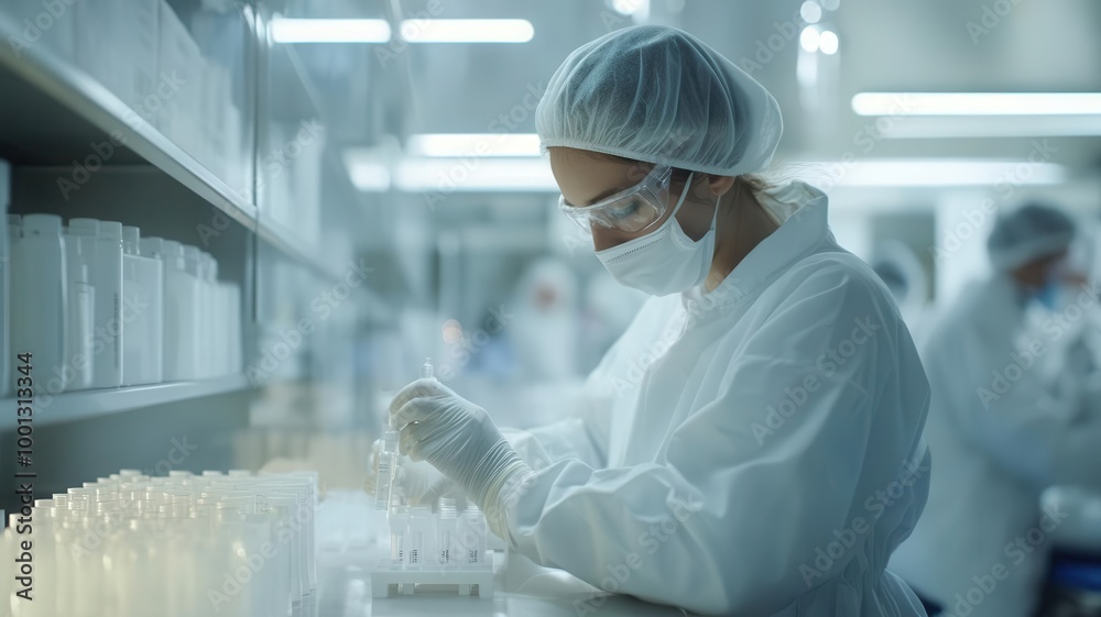 Worker conducting final product checks in a sterile lab environment ...