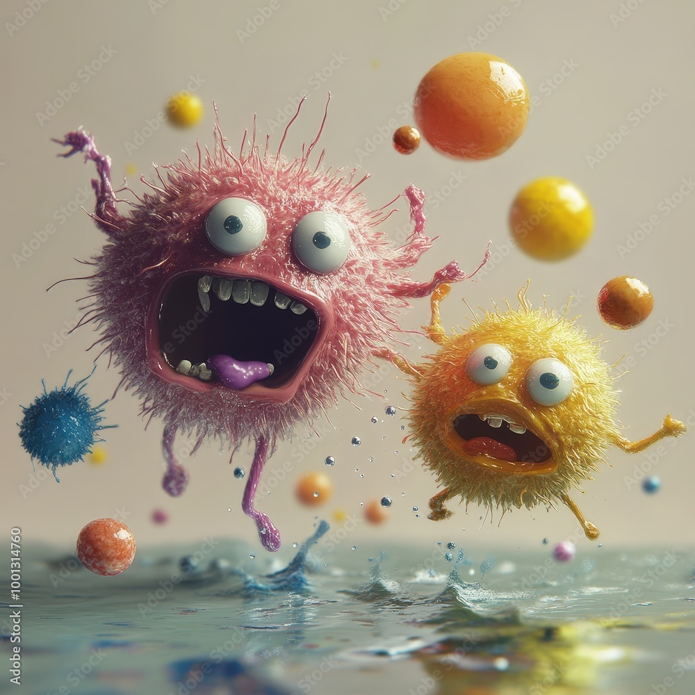 Two playful, cartoonish microbes splash in water, featuring vibrant ...