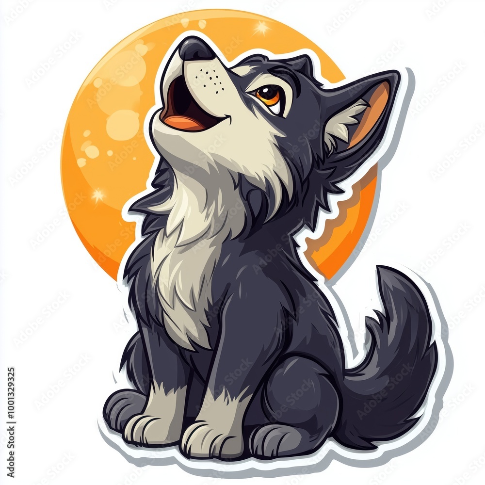 Cute cartoon wolf sitting and howling at a full moon, white isolate ...