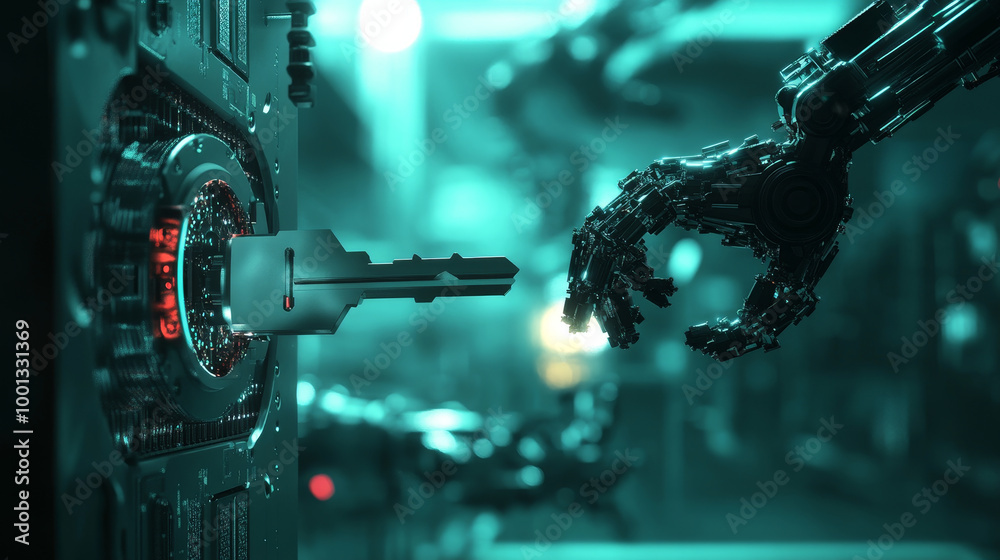 A cybernetic key is turning in digital lock within smart factory ...