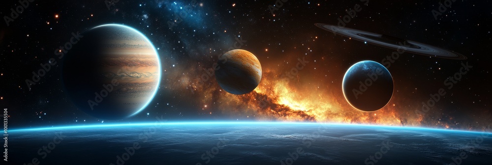 A stunning cosmic landscape featuring planets, nebulae, and stars. This ...