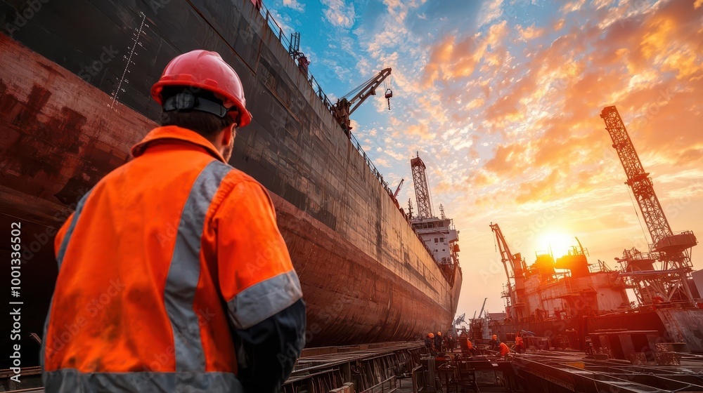 Shipyard workers assembling the superstructure of a large vessel ...