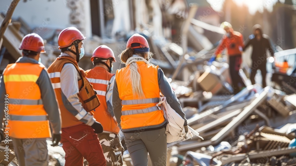 Rescue workers in orange vests and helmets walk through rubble after ...