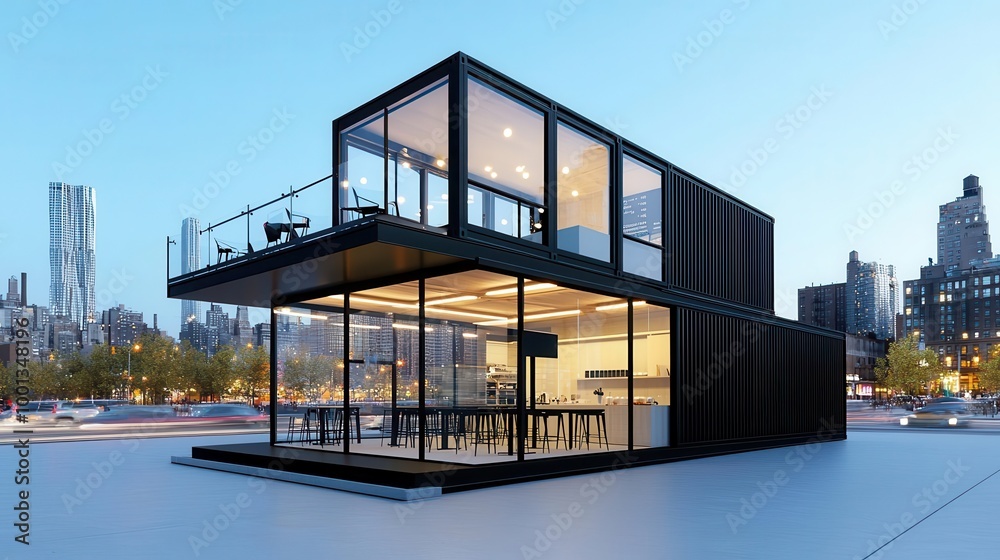 Sleek container coffee shop exterior with glass facade, rooftop patio ...