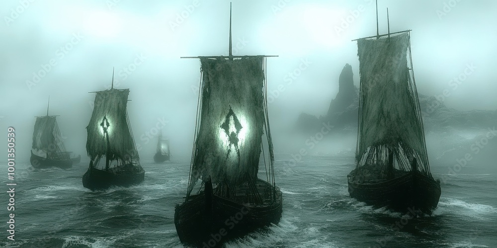 Mystical Fleet of Ghost Ships in Foggy Waters Infused with Eerie Light ...