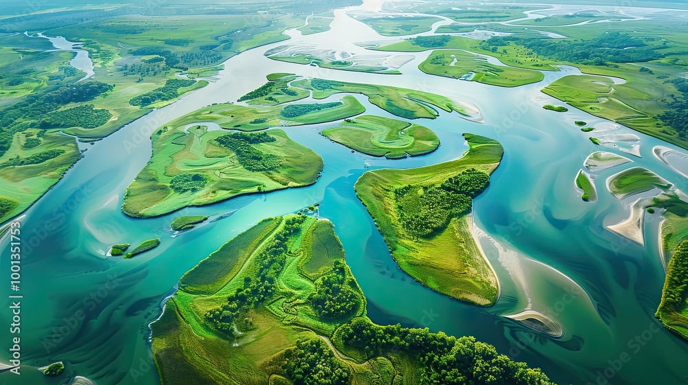 Aerial view of a dynamic river delta with wetlands and sandbars flowing ...