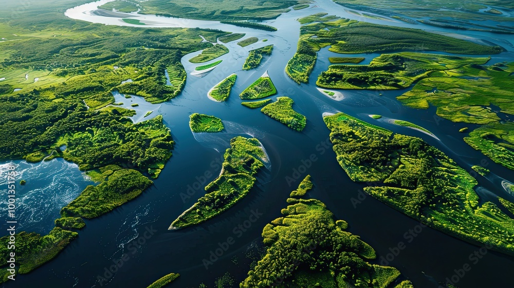 Wetlands and sandbars in a river delta leading into a deep blue river ...