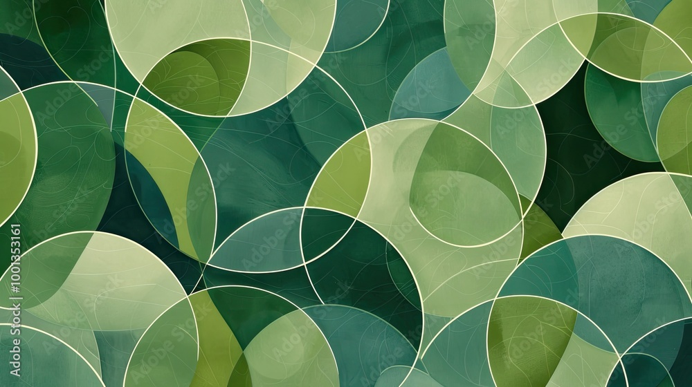Overlapping round shapes in green with contrasting parallel lines in a ...