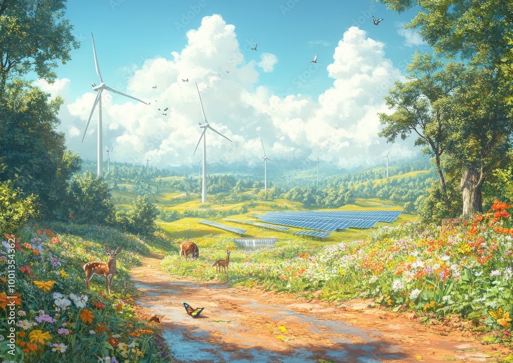 Pastoral Landscape with Wind Turbines, Flowering Meadow, and Grazing ...