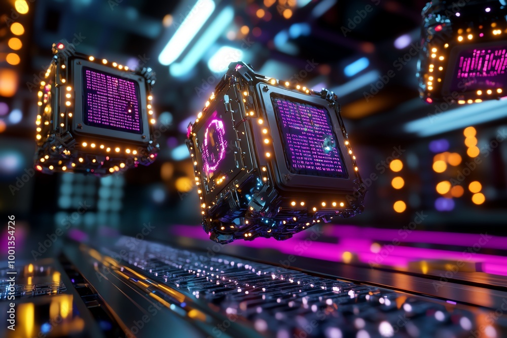 3D digital world of programming, where lines of code are transformed ...