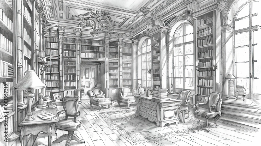 Pencil sketch of an old-world library with towering bookshelves and ...